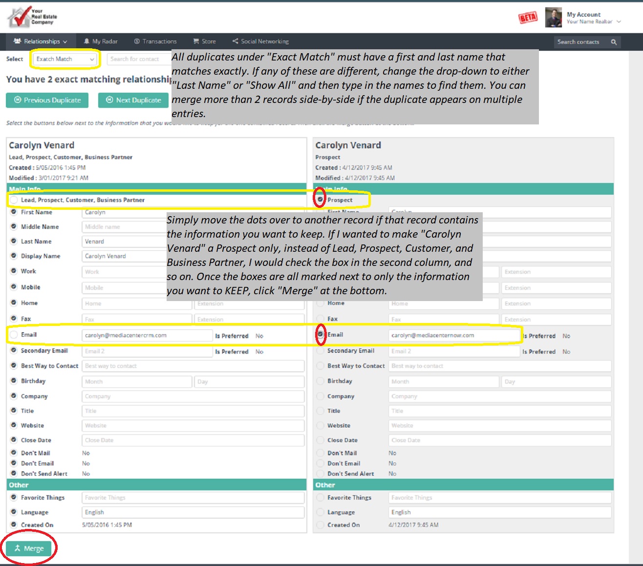 Merging duplicate records via the De-Dupe Wizard – Usherpa for Realtors